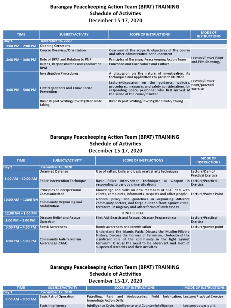 BPAT Training Schedule | PDF | Police | Lecture