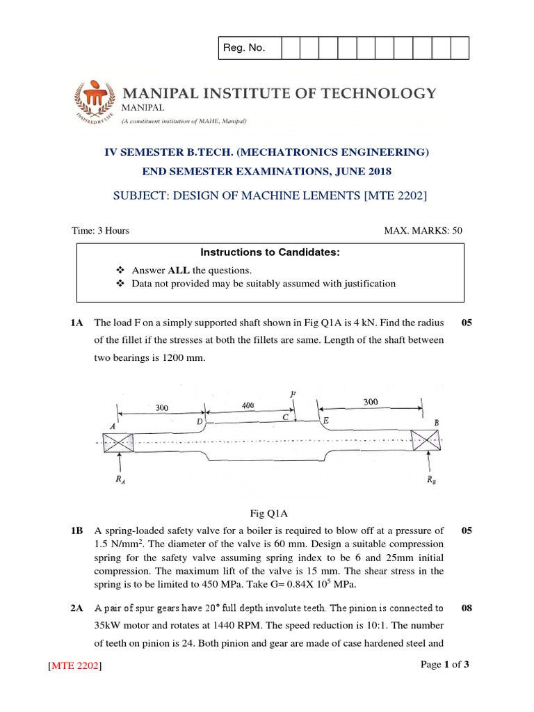 Design of Machine Elements: Solutions to End Semester Examination ...