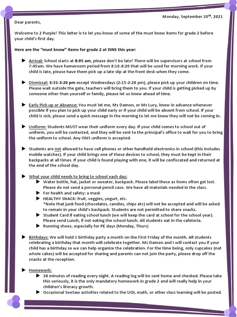 Here Are The "Must Know" Items For Grade 2 at ISNS This Year | PDF