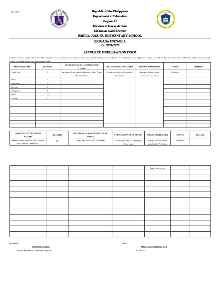 Brigada Eskwela Form 3 Resource Mobilization Form | PDF