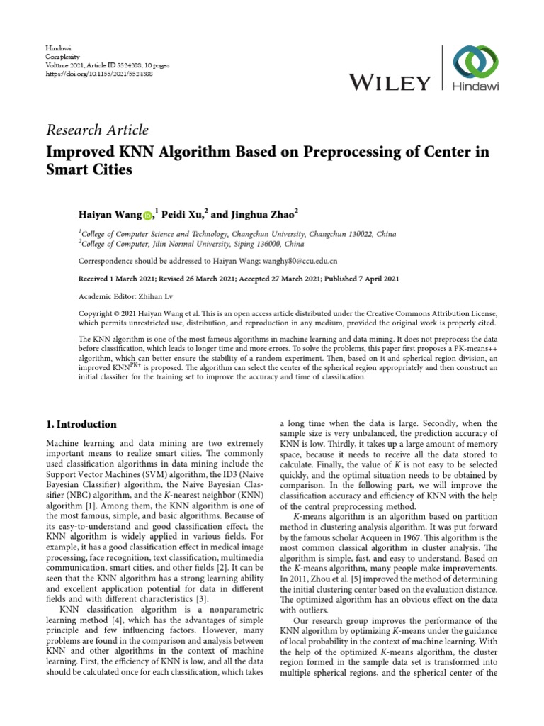 Research Article: Improved KNN Algorithm Based On Preprocessing of ...
