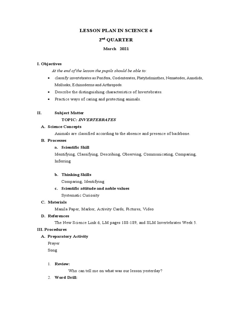 Cot Lesson Plan in Science 6, 2nd Gradimg. | PDF | Invertebrate | Organisms