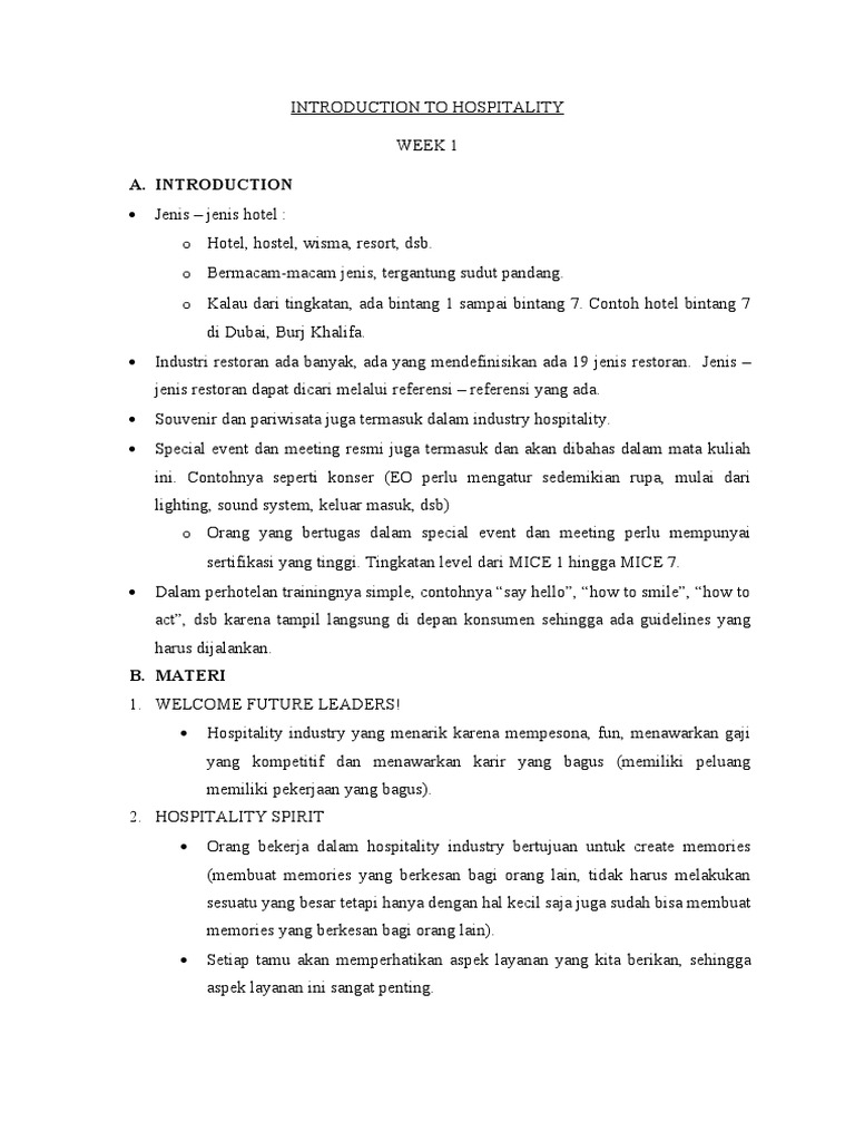 Week 1 - Introduction To Hospitality | PDF