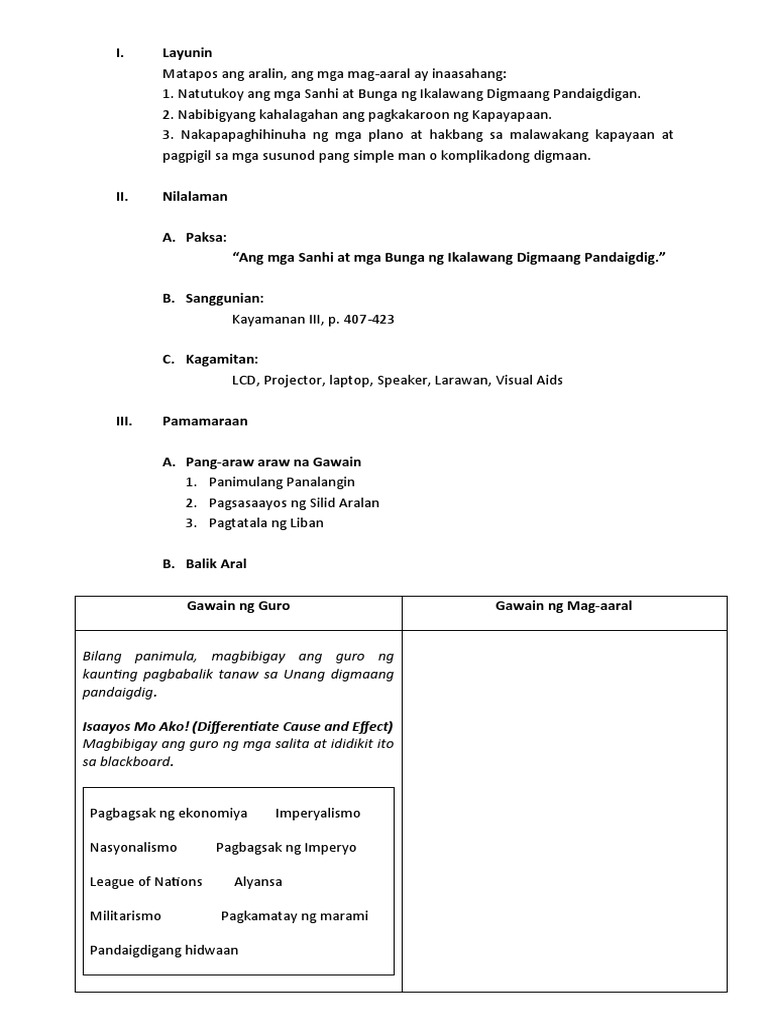 Lesson Plan Kasaysayan NG Mundo Ikalawang Digmaang Pandaigdig | PDF