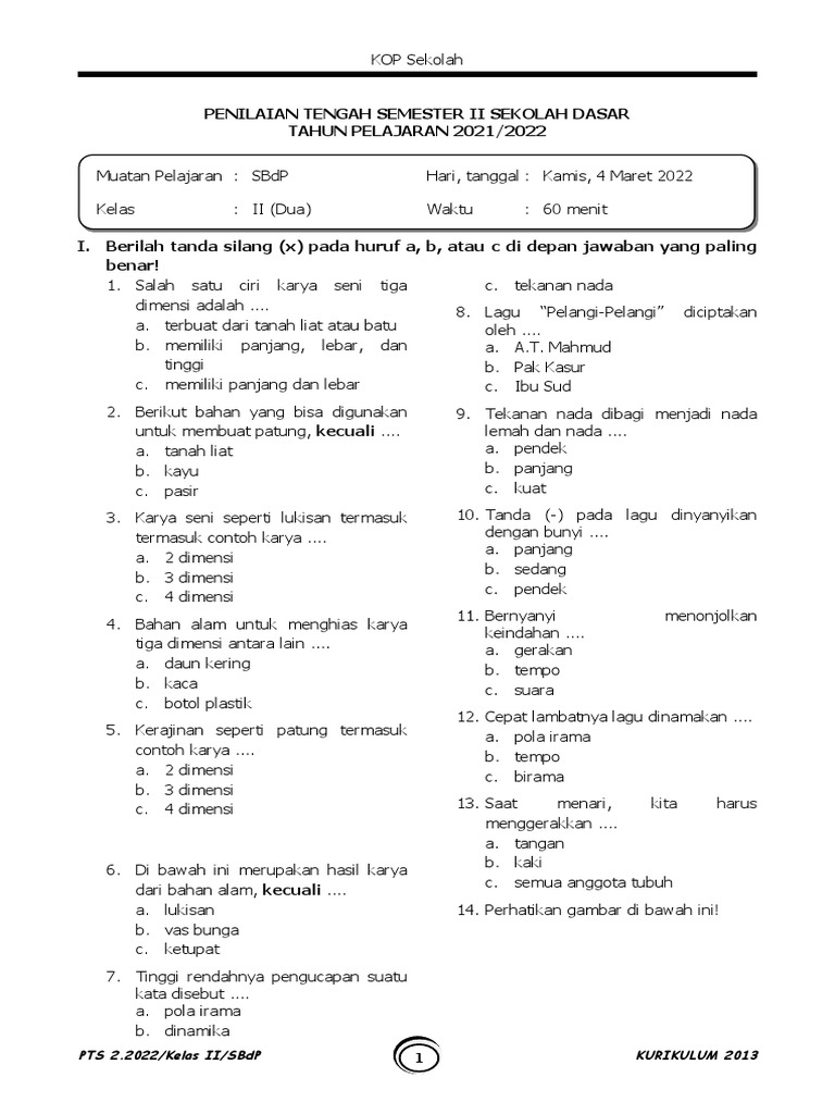 Soal Uts SBDP Kelas 2 SMT 2 | PDF