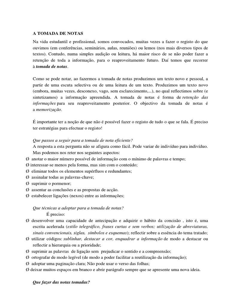 A Tomada de Notas | Download grátis PDF | Informação | Tempo