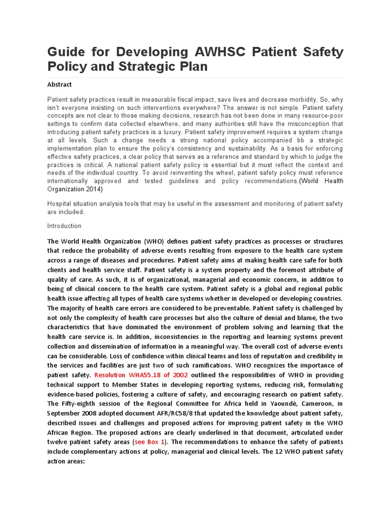Guide For Developing AWHSC Patient Safety Policy and Strategic Plan ...