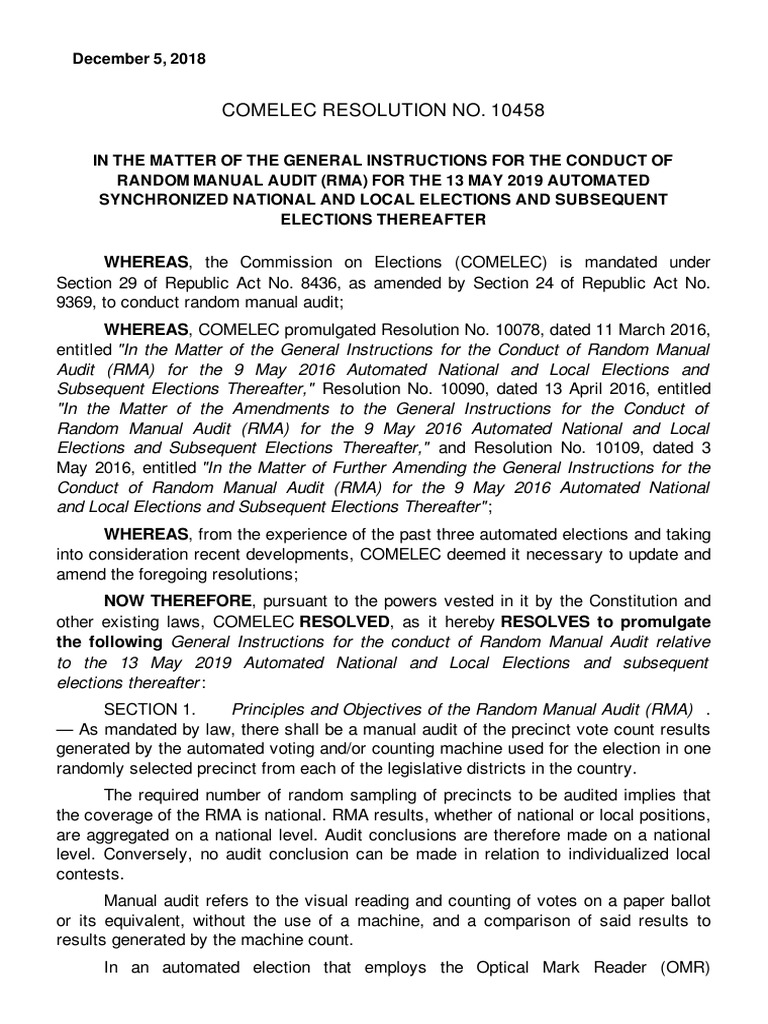 Comelec Resolution No. 10458: December 5, 2018 | PDF