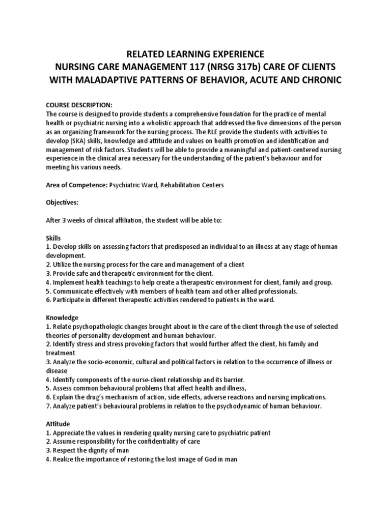 Related Learning Experience Nursing Care Management 117 Nrsg 317b Care Of Clients With