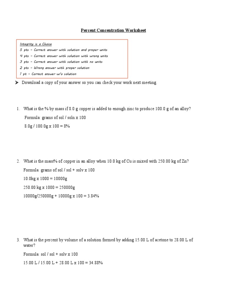 Percent Concentration - Worksheet | PDF | Cooking, Food & Wine ...