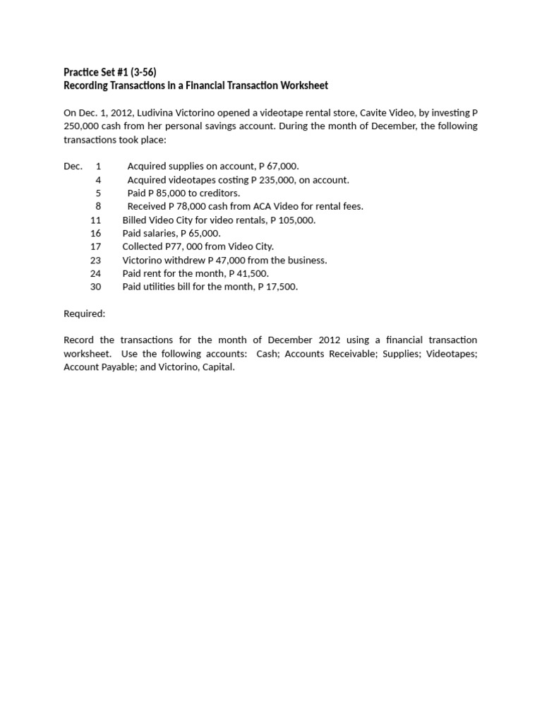 Practice Set #1 (3-56) Recording Transactions in A Financial ...