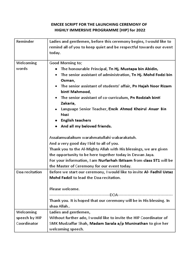 Emcee Script For The Launching Ceremony of Highly Immersive Programme ...