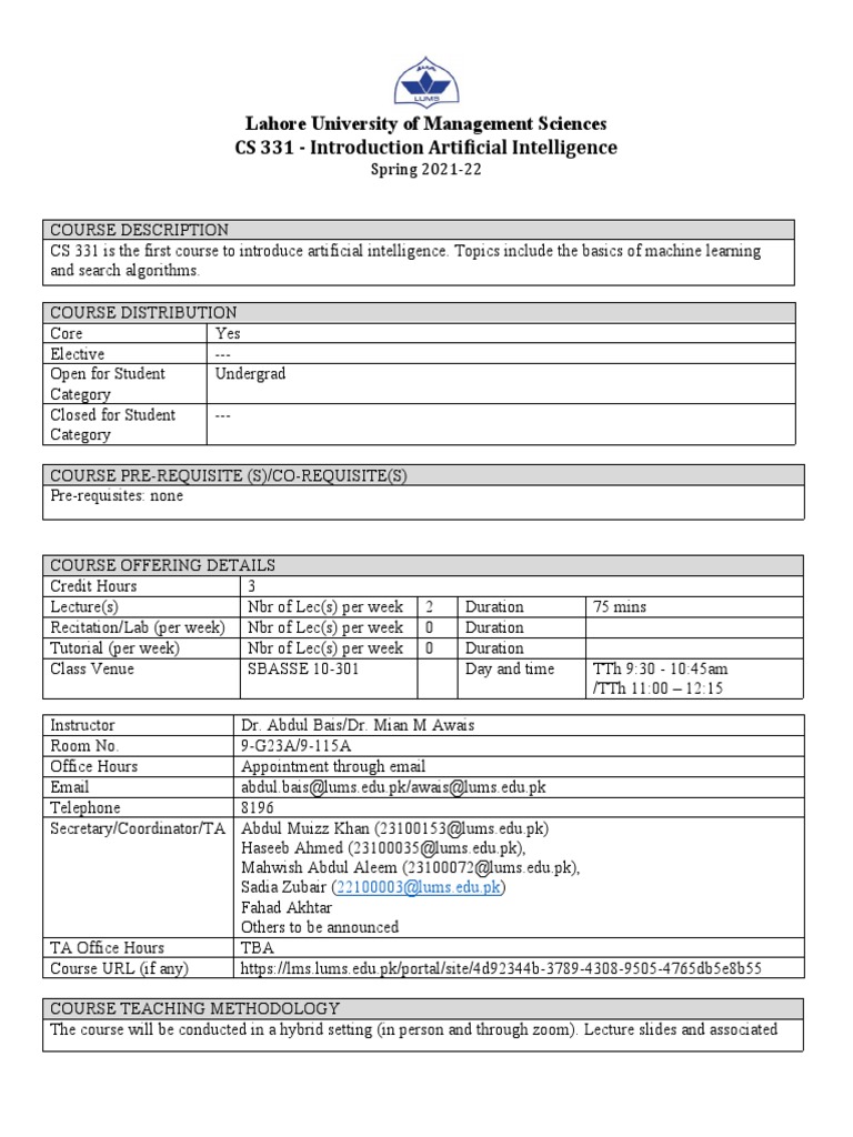 Lahore University of Management Sciences CS 331 - Introduction Artificial Intelligence | PDF ...