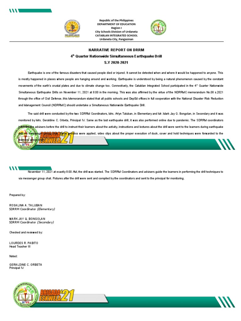 Narrative Report On DRRM 4 Quarter Nationwide Simultaneous Earthquake Drill S.Y 2020-2021 | PDF ...