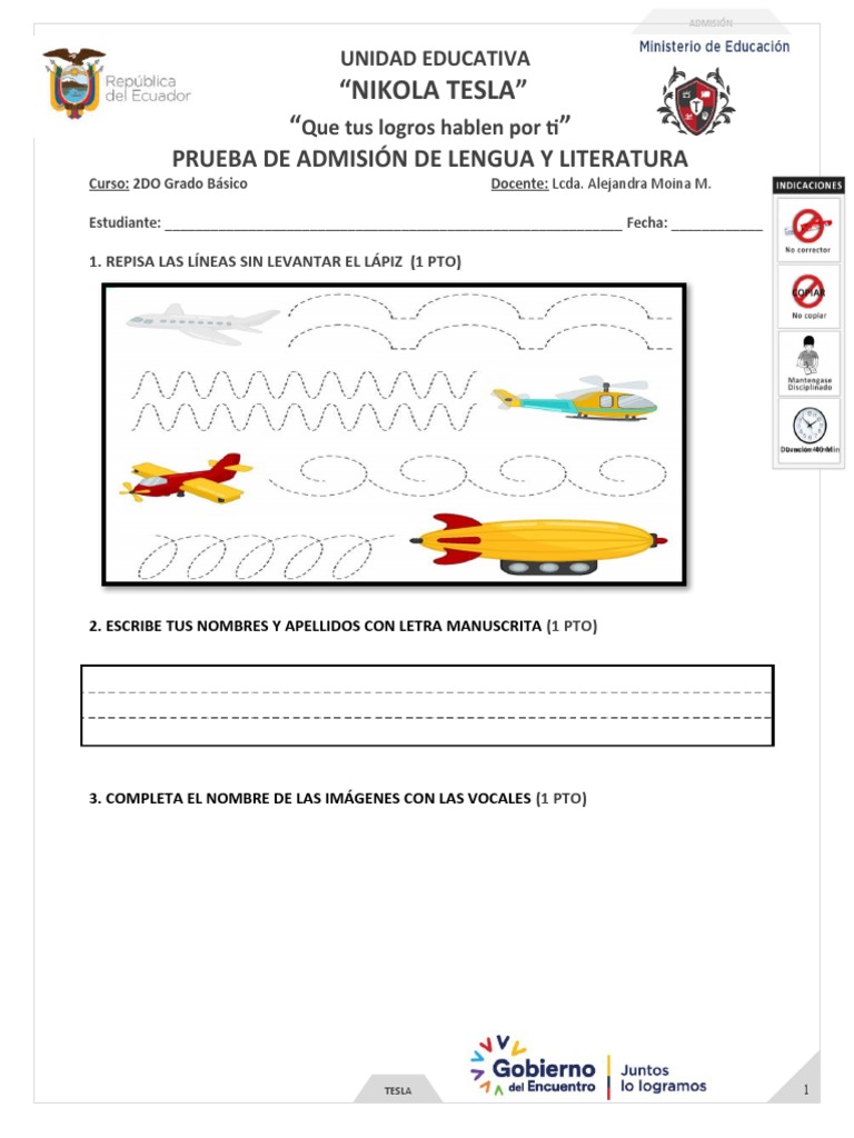 Prueba de Admisión Lenguaje Segundo de Básica | PDF