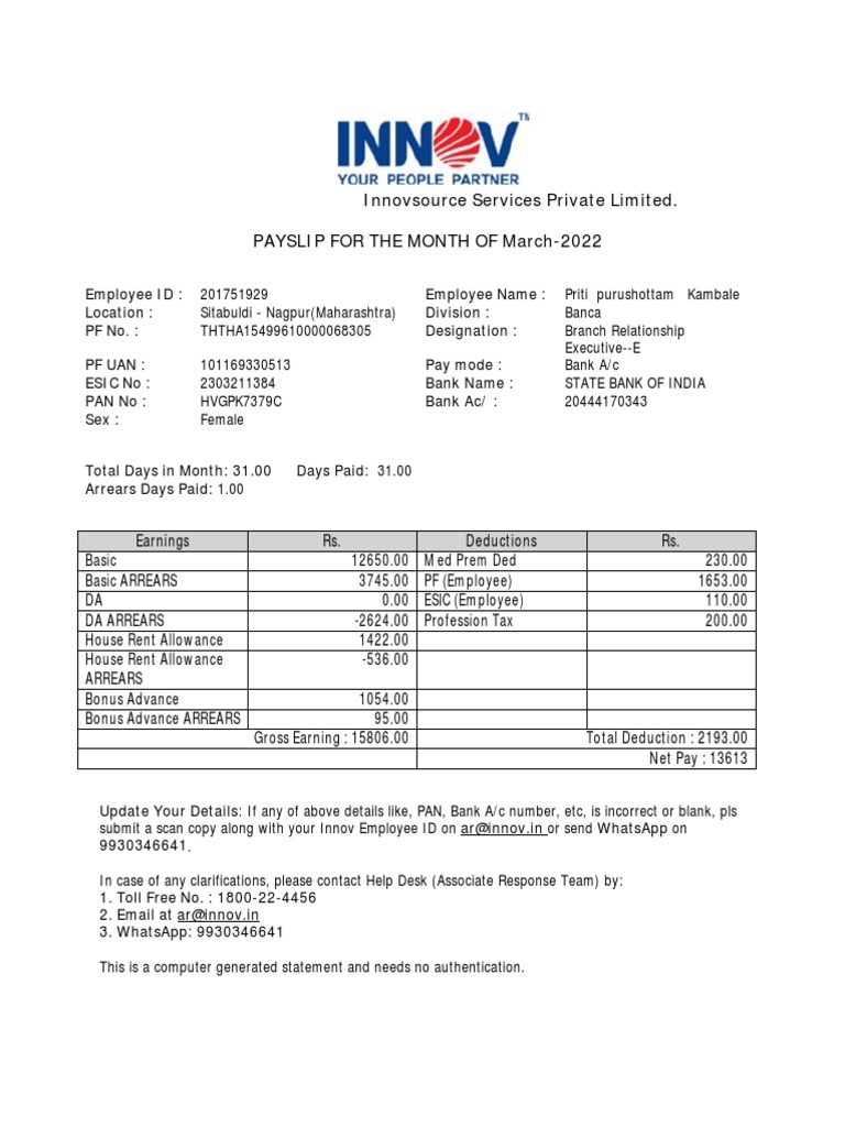 Innovsource Services Private Limited. Payslip For The Month of March ...