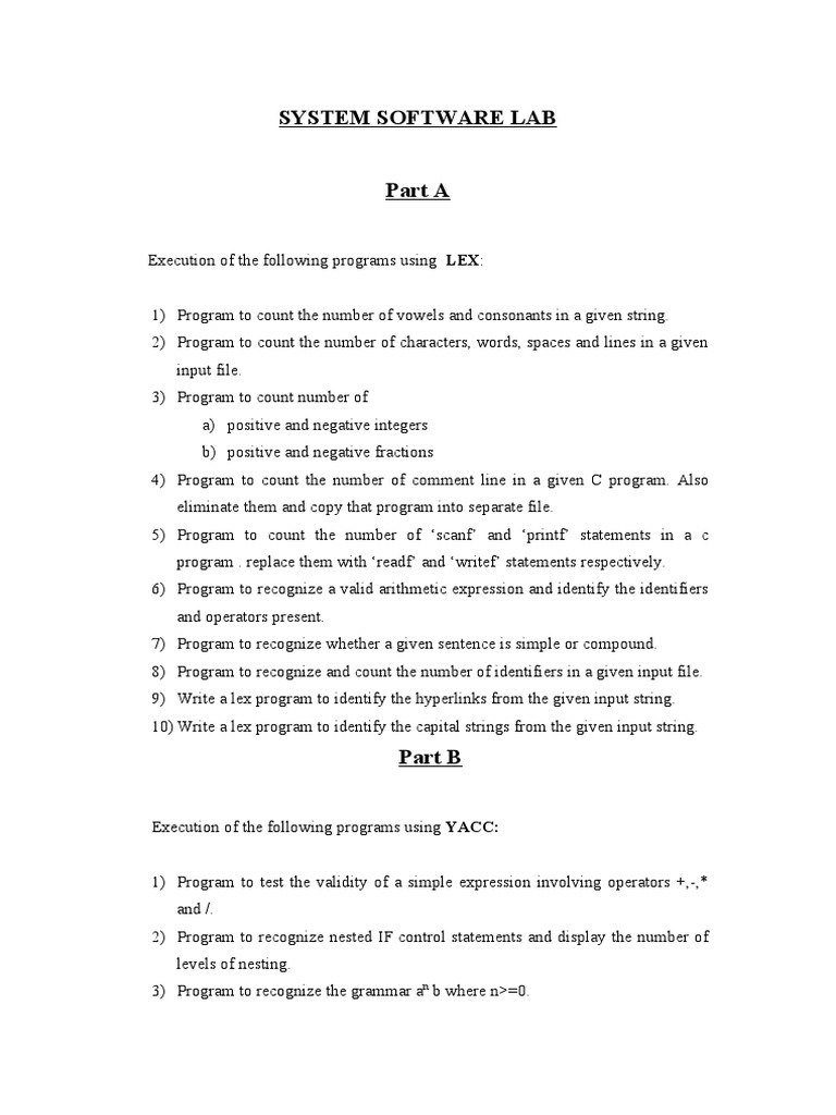 Lex and Yacc programs for system software lab | PDF | Computer Programming | Parsing