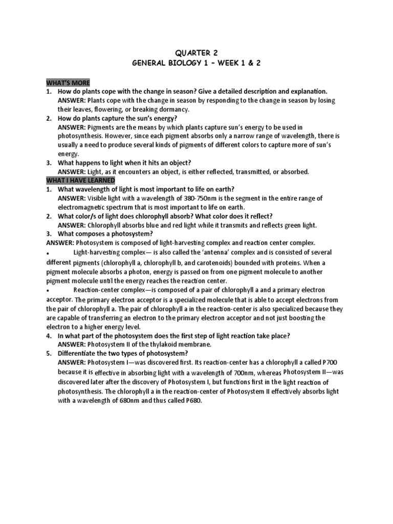 General Biology 1 - Quarter 2 - Week 1 & 2 | PDF | Chlorophyll | Biology