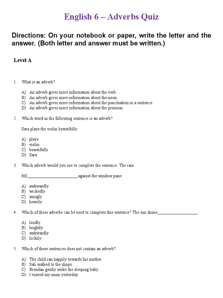 Grade 6 - Adverbs Quiz | PDF | Adverb | Adjective