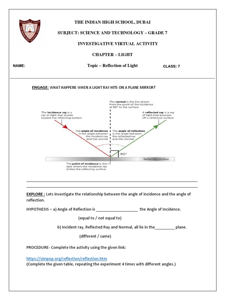 Reflection of Light - Activity Sheet-Edited (1) 1 | PDF | Reflection ...