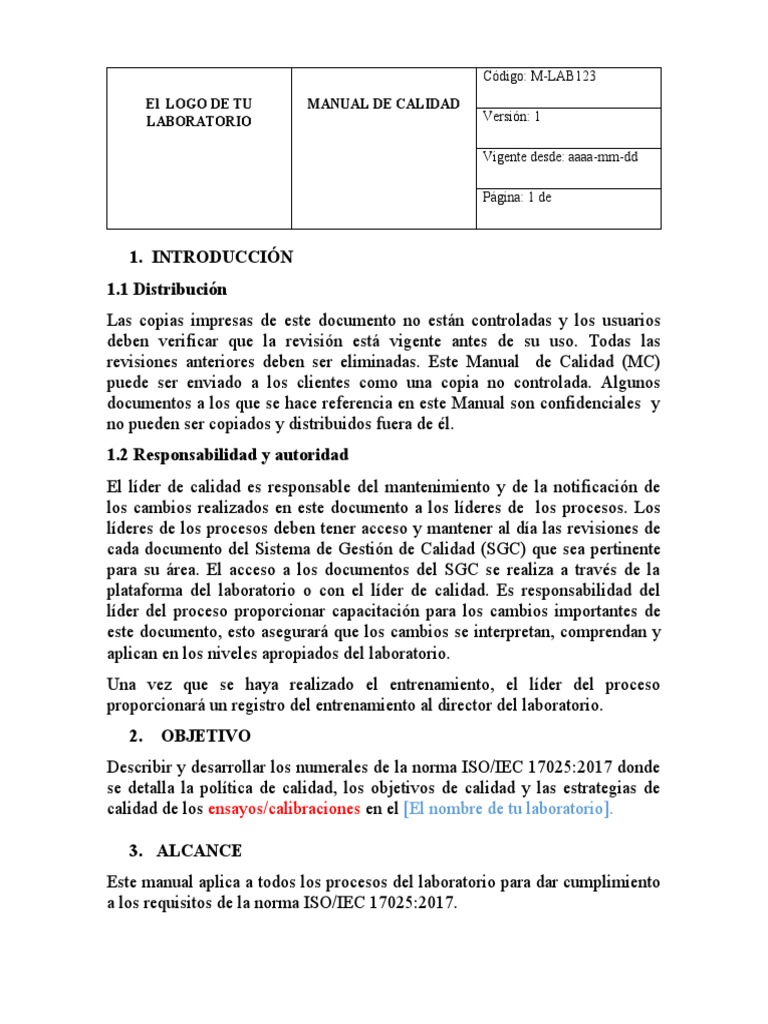 Manual de Calidad Iso 17025 para Laboratorios - Edición Especial | PDF | Sistema de manejo de ...