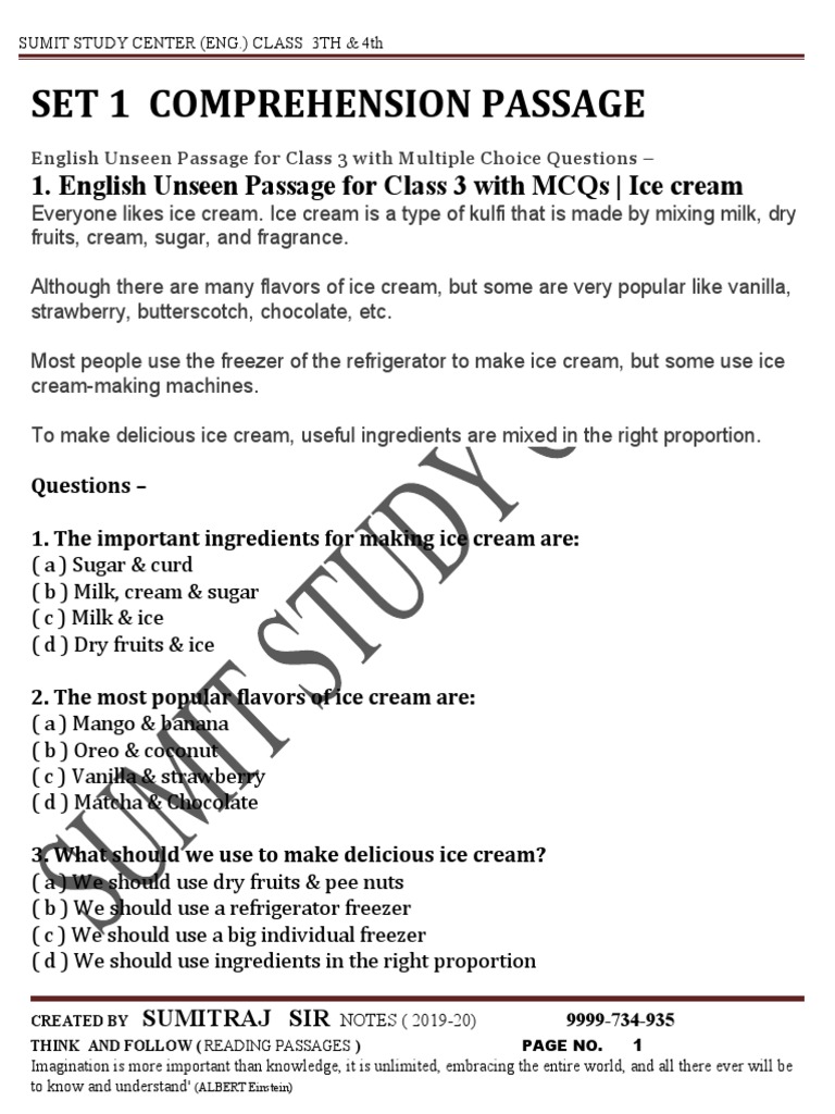 COMPREHENSION PASSAGE 2022 3rd MCQS | PDF | Ice Cream | Cream