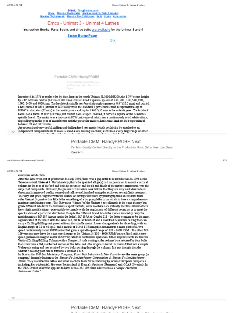 Emco - Unimat 3 - Unimat 4 Lathes | PDF | Screw | Mechanical Engineering