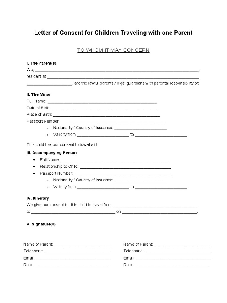 Minor Child Travel Consent Form - Template | PDF