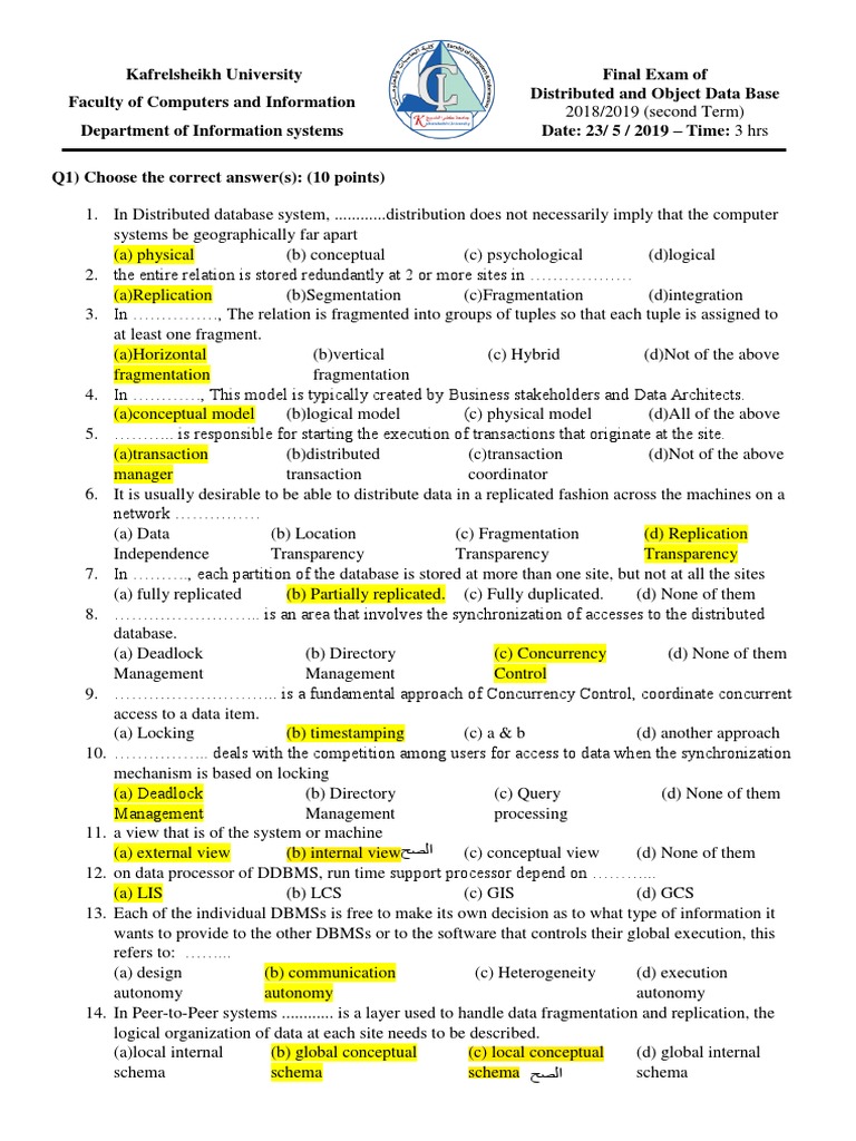 D ODB Final Exam Answered | PDF | Databases | Replication (Computing)