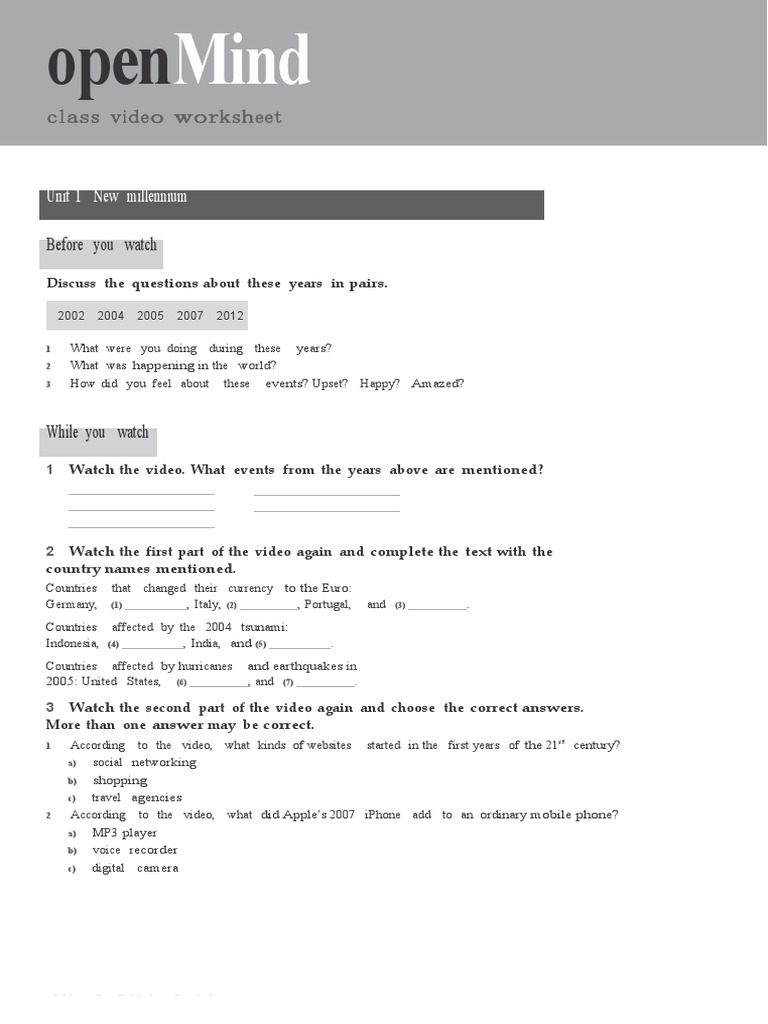 Openmind 2 Unit 1 Class Video Worksheet | PDF | Parachuting