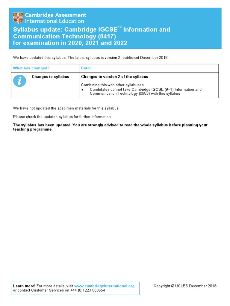 Cambridge IGCSE ICT Syllabus Update | PDF