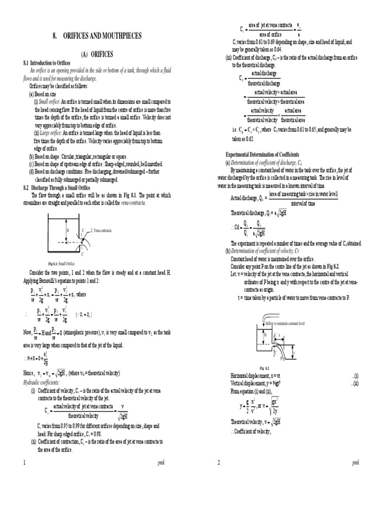 Orifices and Mouthpieces in Fluid Mechanics | PDF | Continuum Mechanics ...