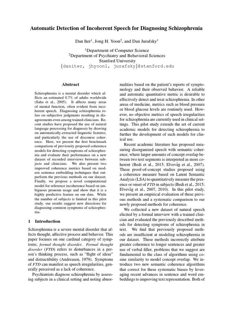 Automatic Detection of Incoherent Speech For Diagnosing Schizophrenia | PDF | Schizophrenia ...