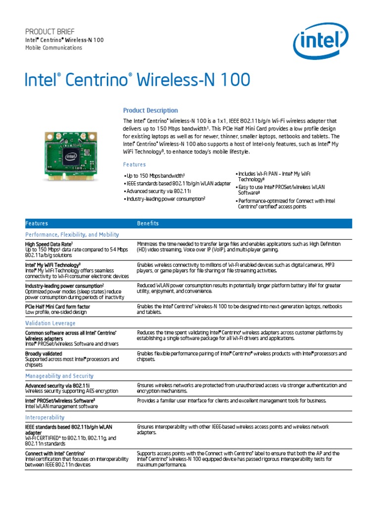 Intel Centrino Wireless-N 100: Product Brief | PDF | Wi Fi | Ieee 802.11