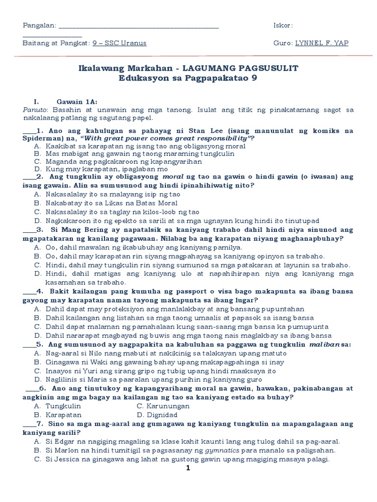 ESP 9 - Q2 - Lagumang Pagsusulit | PDF