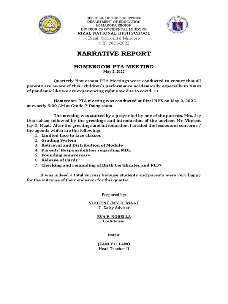 Homeroom PTA Meeting Narrative Report | PDF | Schools