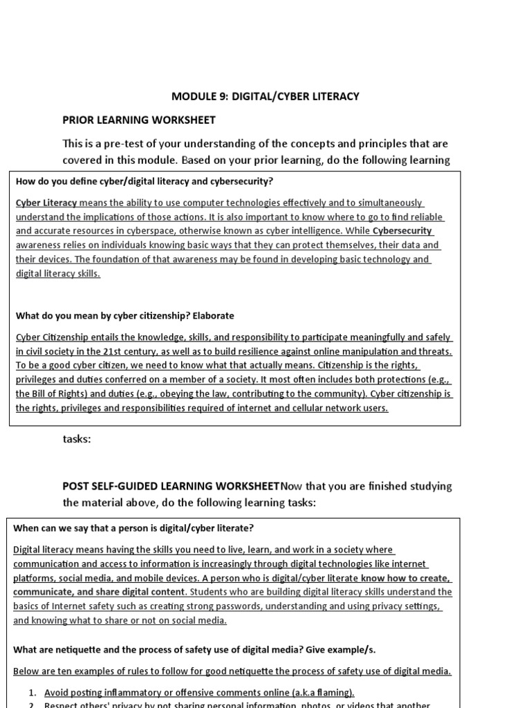 Module 9: Digital/Cyber Literacy Prior Learning Worksheet | PDF ...