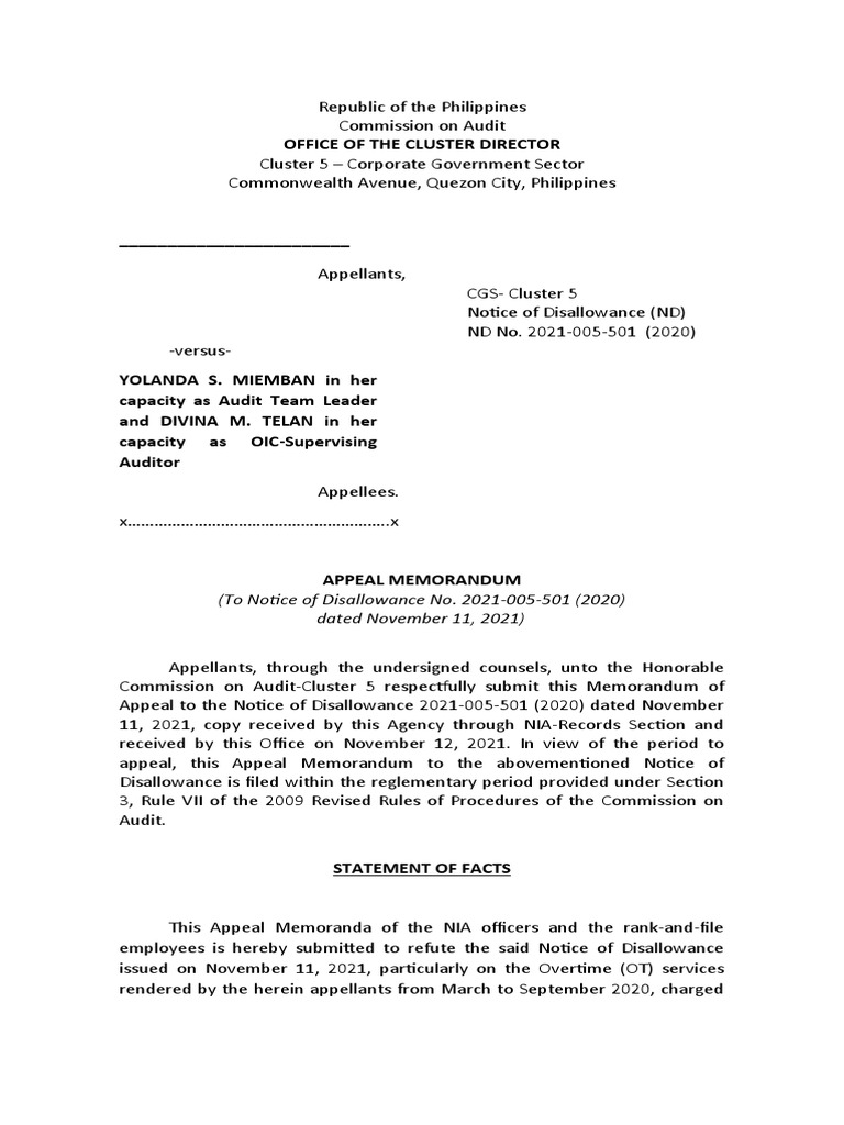 Appeal on COA Notice of Disallowance 2021-005-501 | PDF | Overtime ...