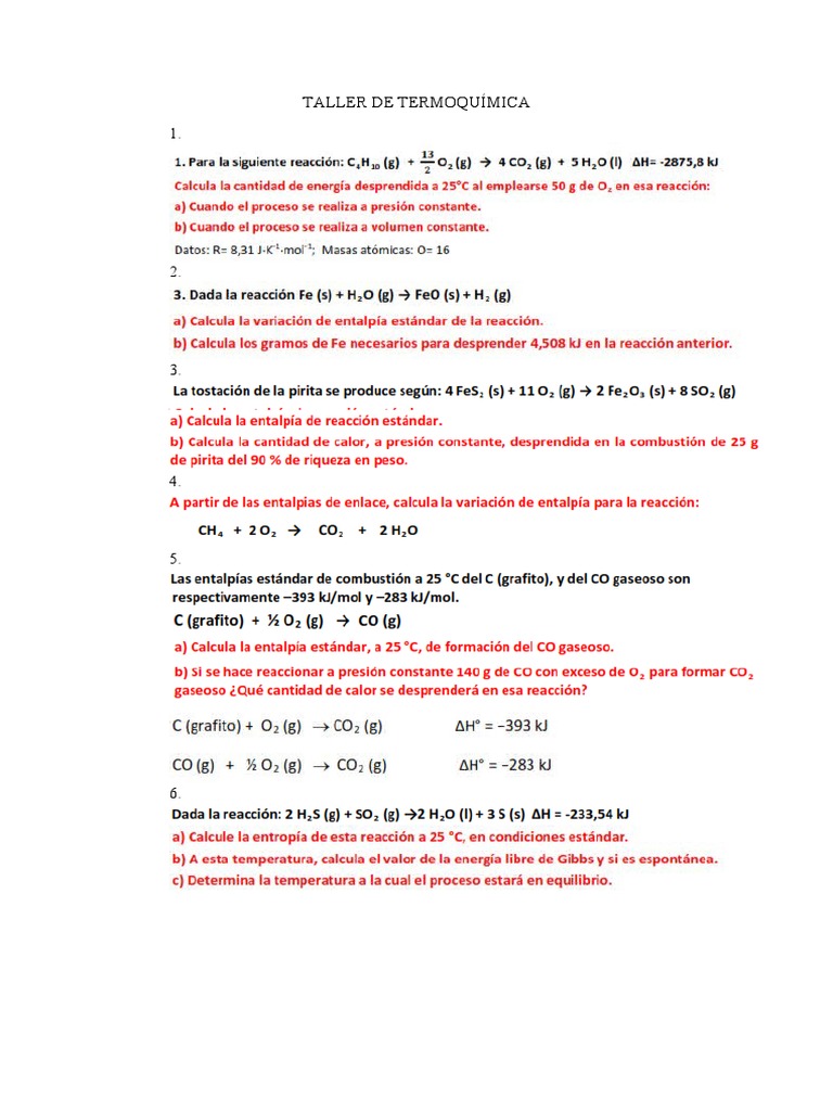 Taller de Termoquímica: Cálculos y Ejemplos | PDF | Ciencia y matemáticas