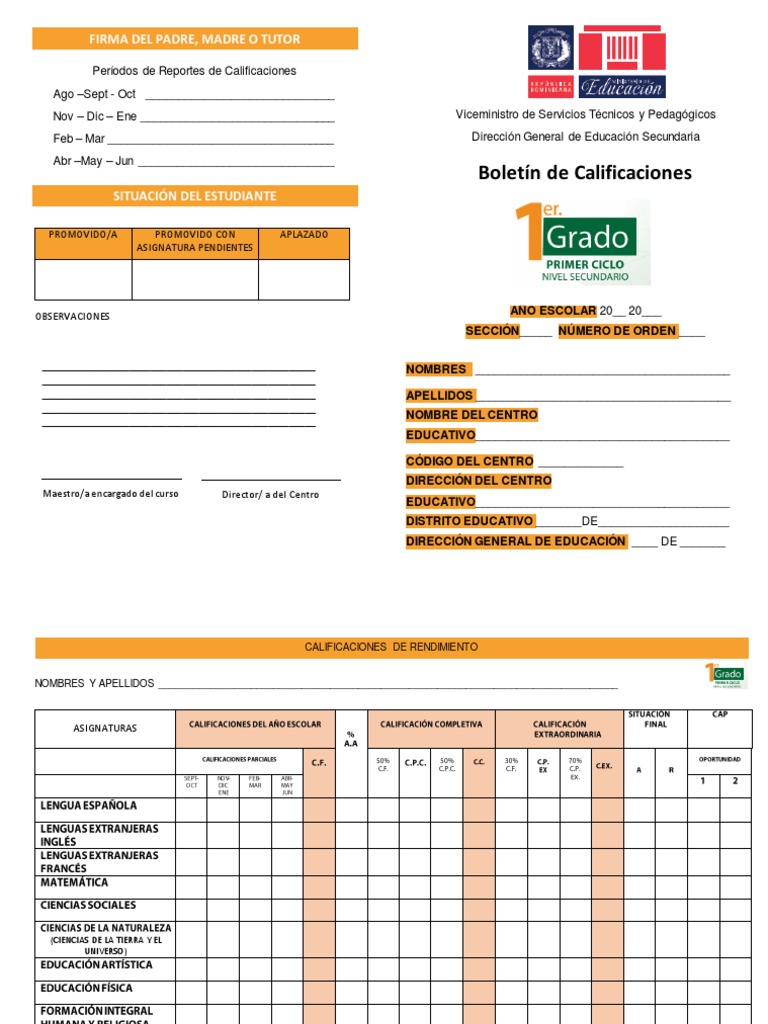 Boletín de Calificaciones 1ro Secundaria MINERD | PDF