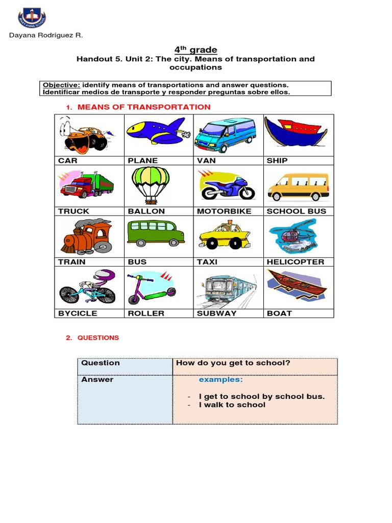 4 Grade: Handout 5. Unit 2: The City. Means of Transportation and ...