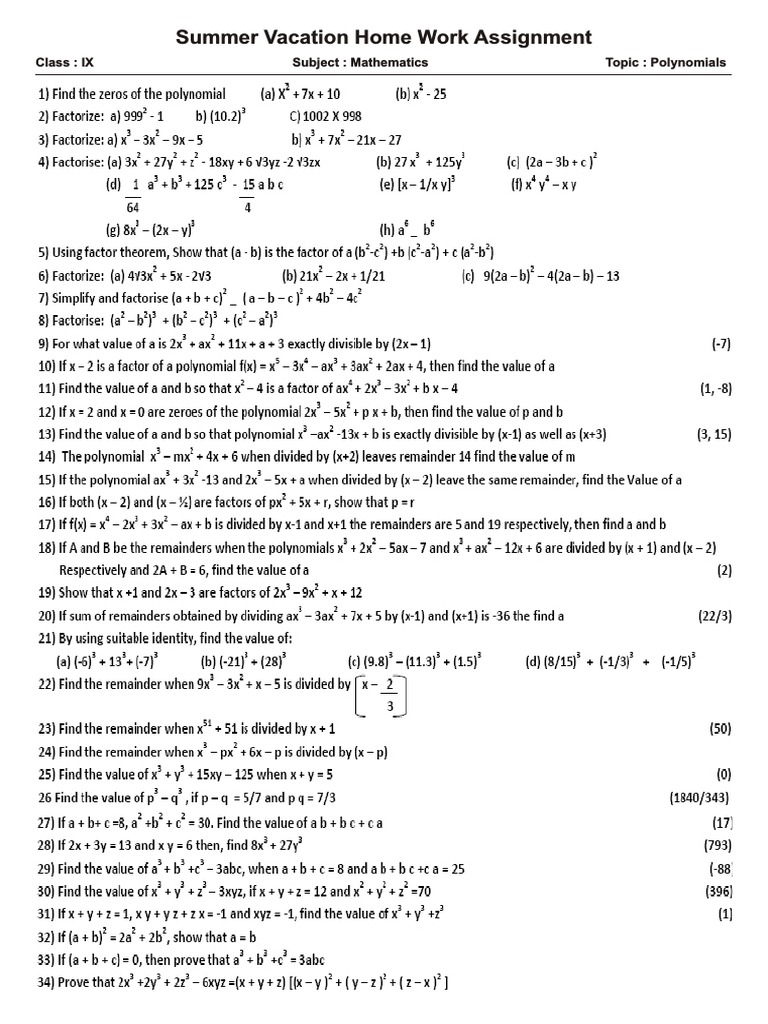 Summer Vacation Assignment - Class IX Nekelwlrf | PDF | Teaching ...