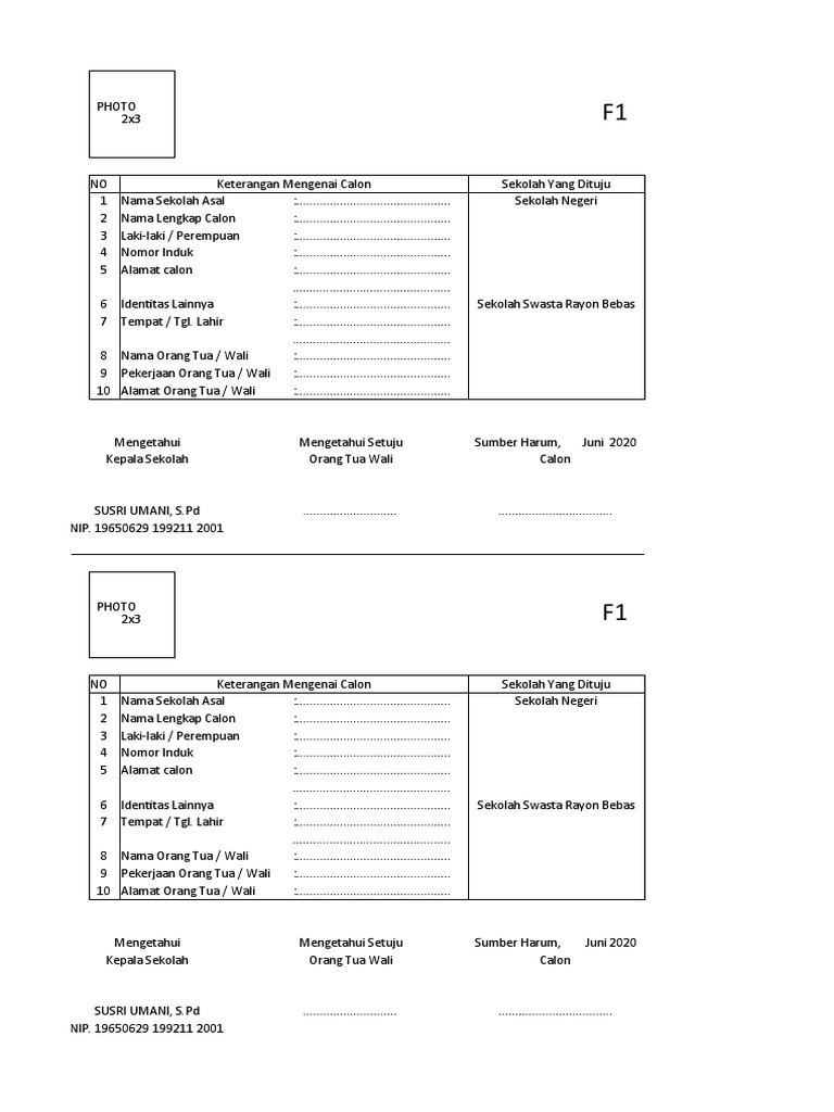 Blanko F1 Dan F2 Pendaftaran Ke SMP | PDF
