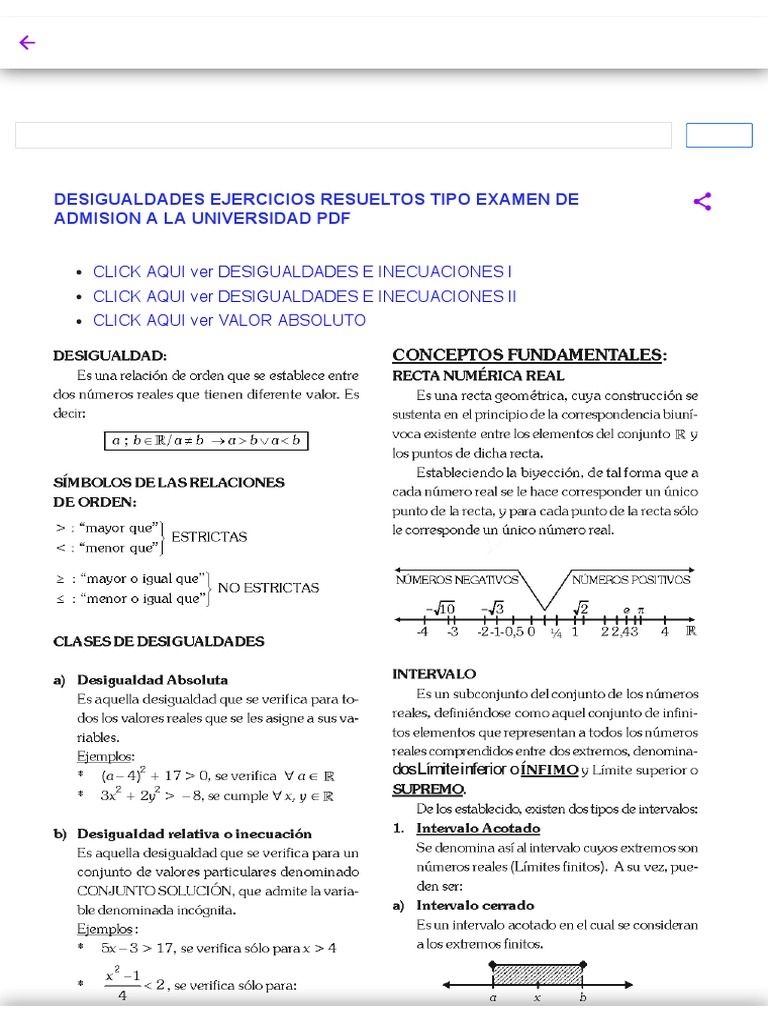 Resolución de desigualdades y ejercicios tipo examen de admisión a la universidad | PDF