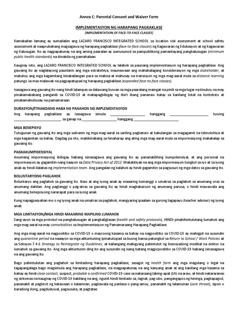 Face To Face Class Waiver Tagalog | PDF