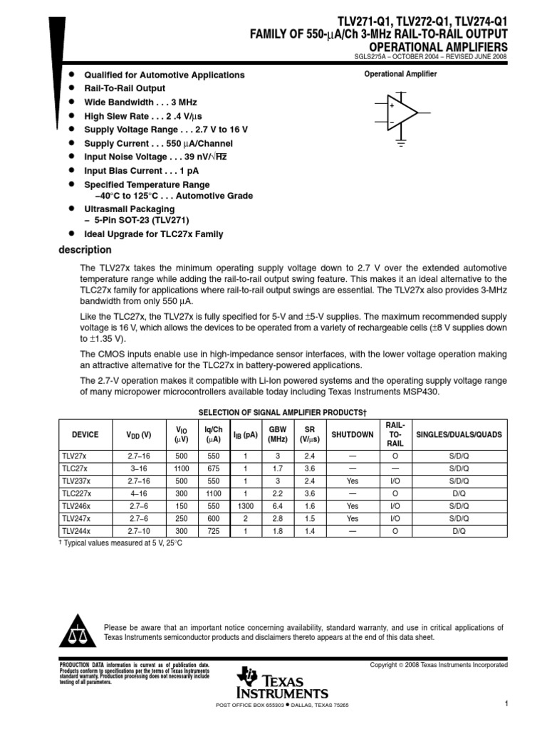tlv271 q1 | PDF | Amplifier | Operational Amplifier
