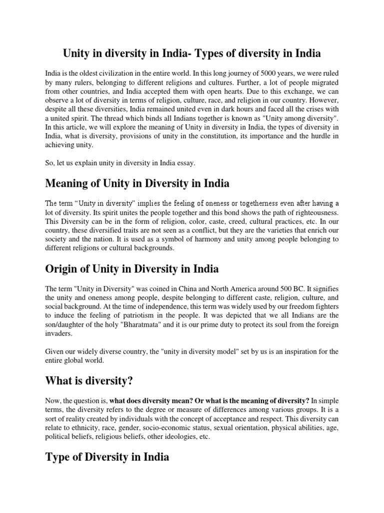 Unity in Diversity in India-Types of Diversity in India | PDF ...