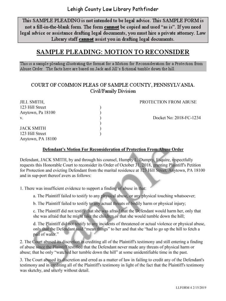 Lehigh County Law Library Motion Sample | PDF | Testimony | Pleading