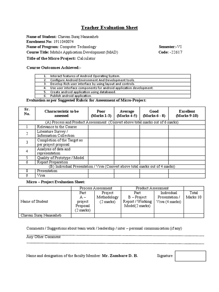 Teacher Evaluation Sheet: Title of The Icro Project Course Outcomes Achieved | PDF | Android ...