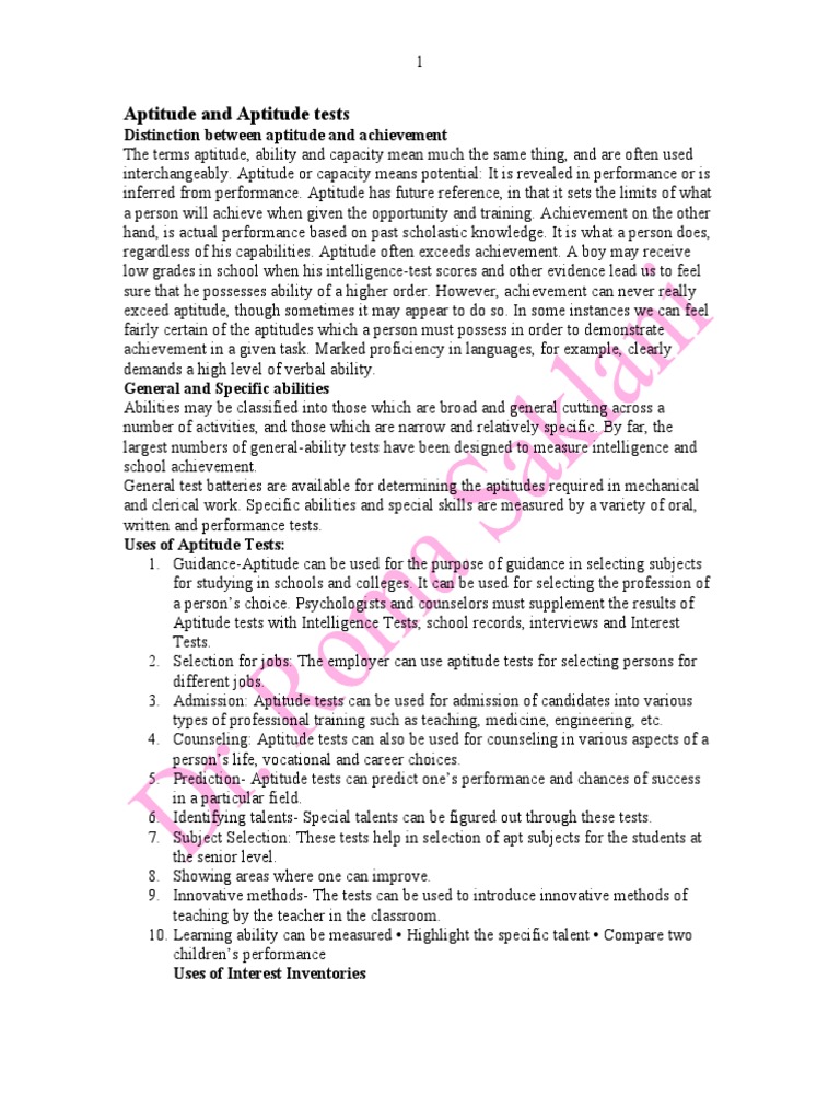 Aptitude Tests and Interest and Achievement Tests-Revised 2018 | PDF ...